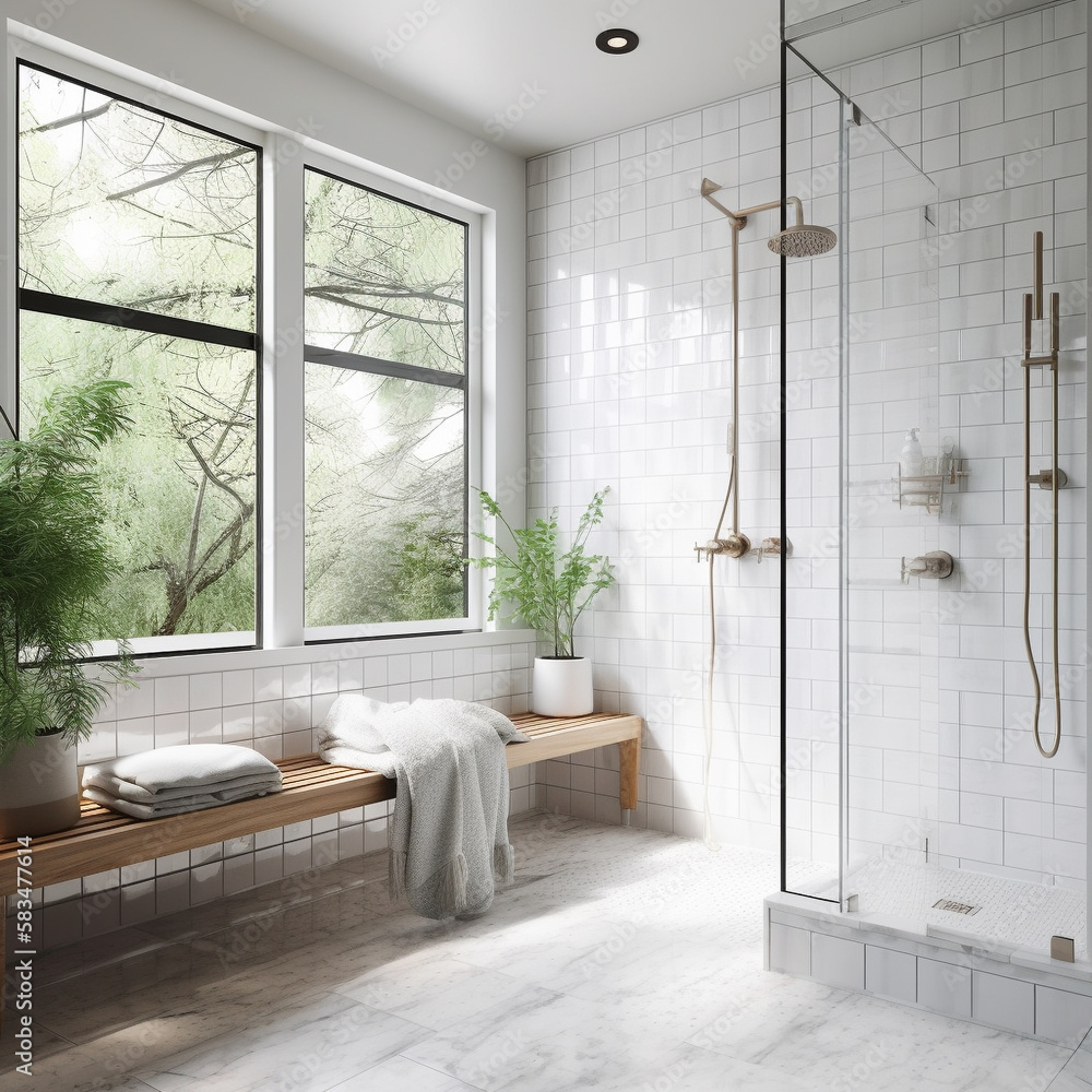 Marble vanity counter, shower bench in white subway tile wall modern ...