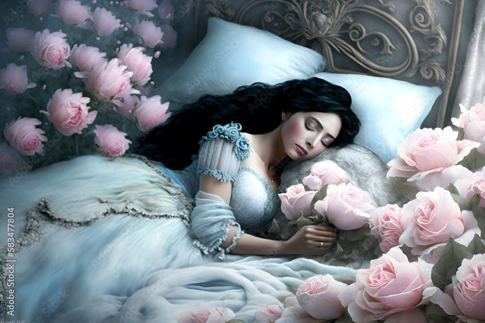 ภาพประกอบสต็อก Fantasy woman sleeping beauty lies sleep with flowers ...