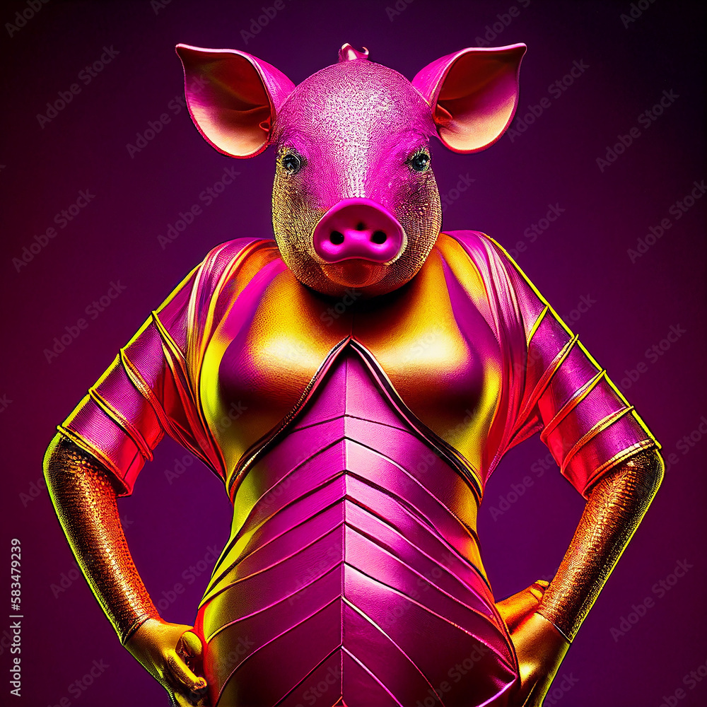 Realistic lifelike pig piggy piglet in fluorescent electric ...