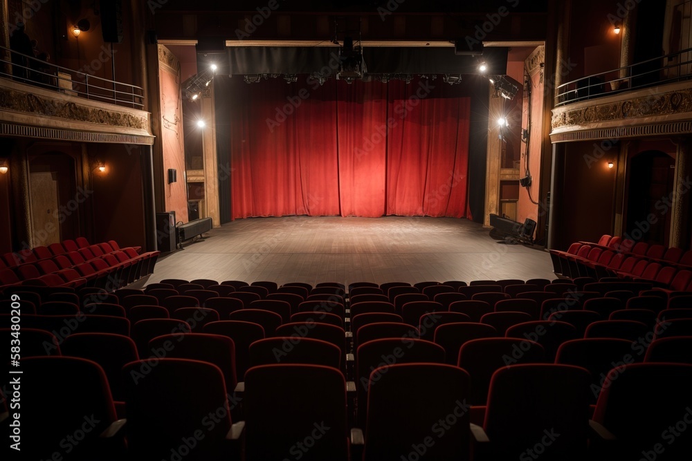 An empty, elegant theater with red courtain ready to start a show. None ...