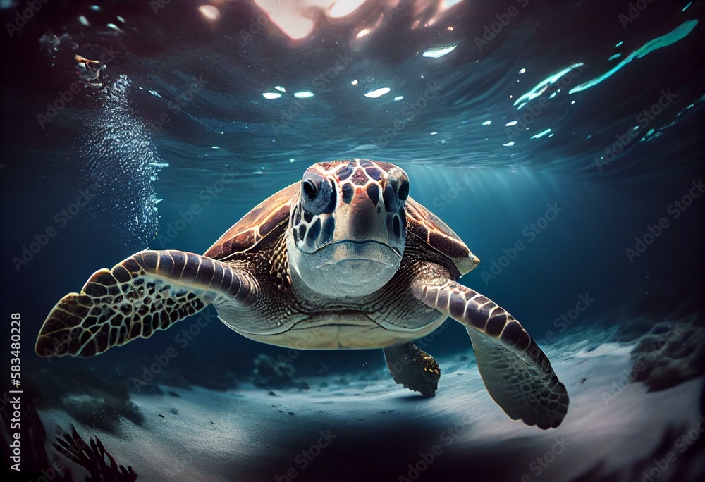 wide angle photography of turtle in a clear blue water,, hyper detailed ...