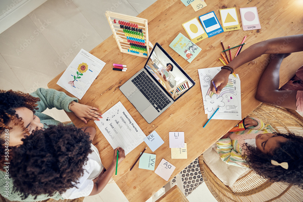 Elearning, education and homework with black family at table from top ...