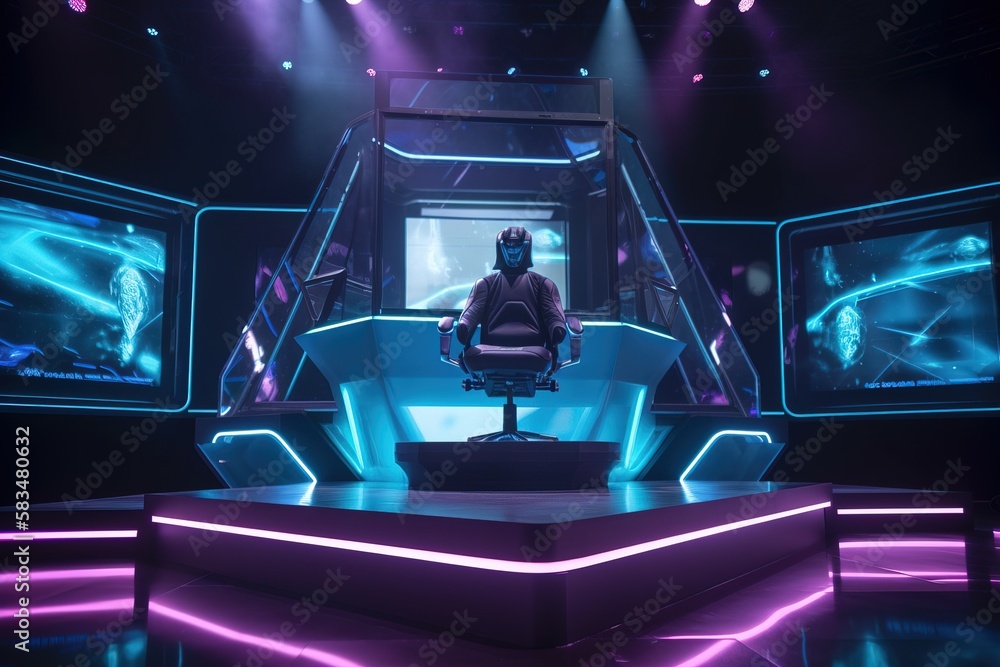 A futuristic gaming room with a gaming chair and a big screen with ...