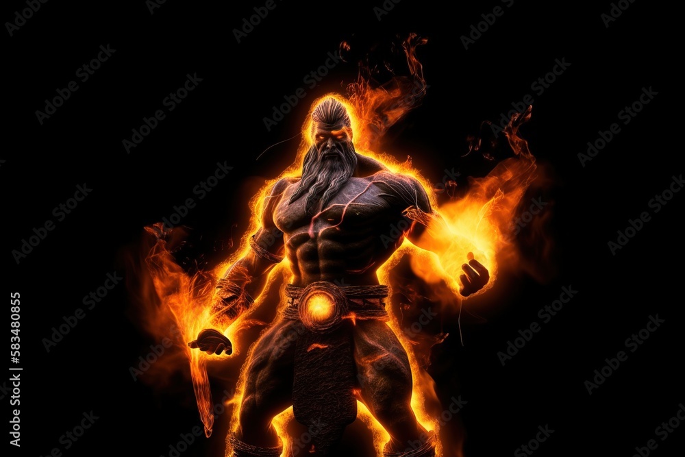 An illustration of a God of. the Fire, standing with his glowing fists ...