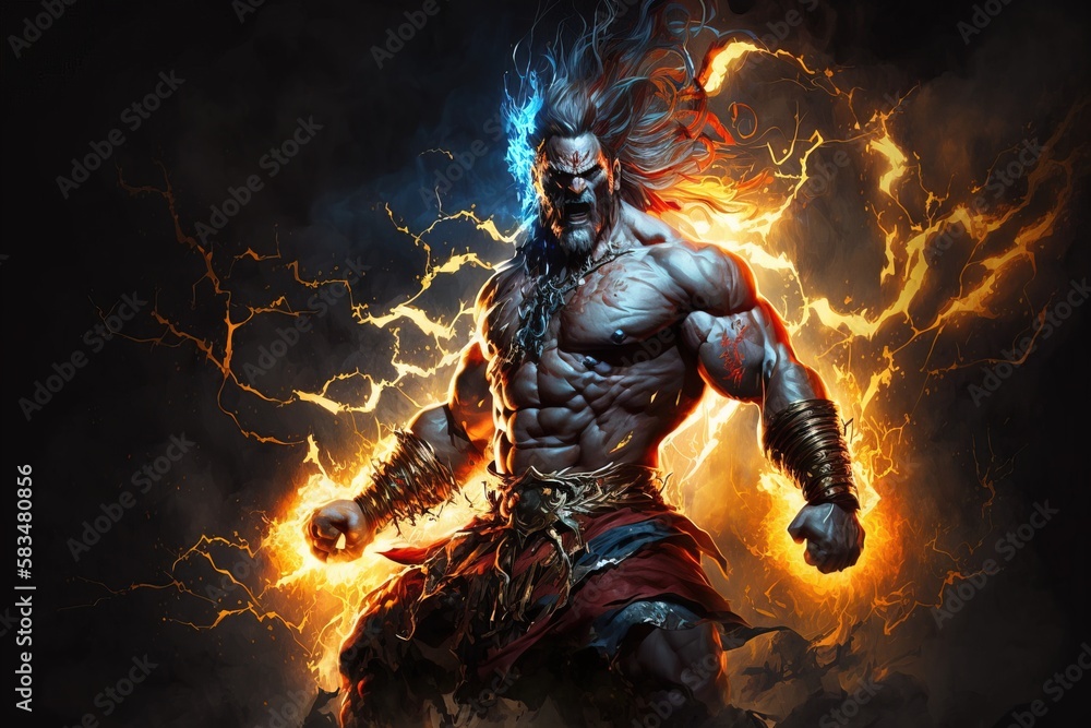 An illustration of a God of. the Thunder, standing with his glowing ...