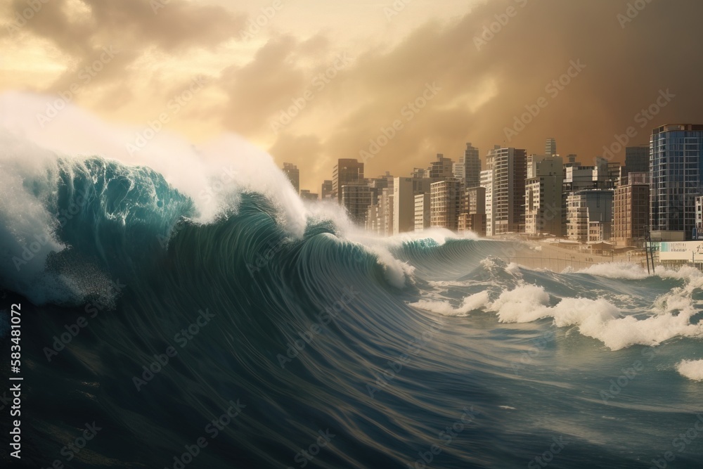 A dramatic tsunami about to arrive to the city. A giant wave causing ...