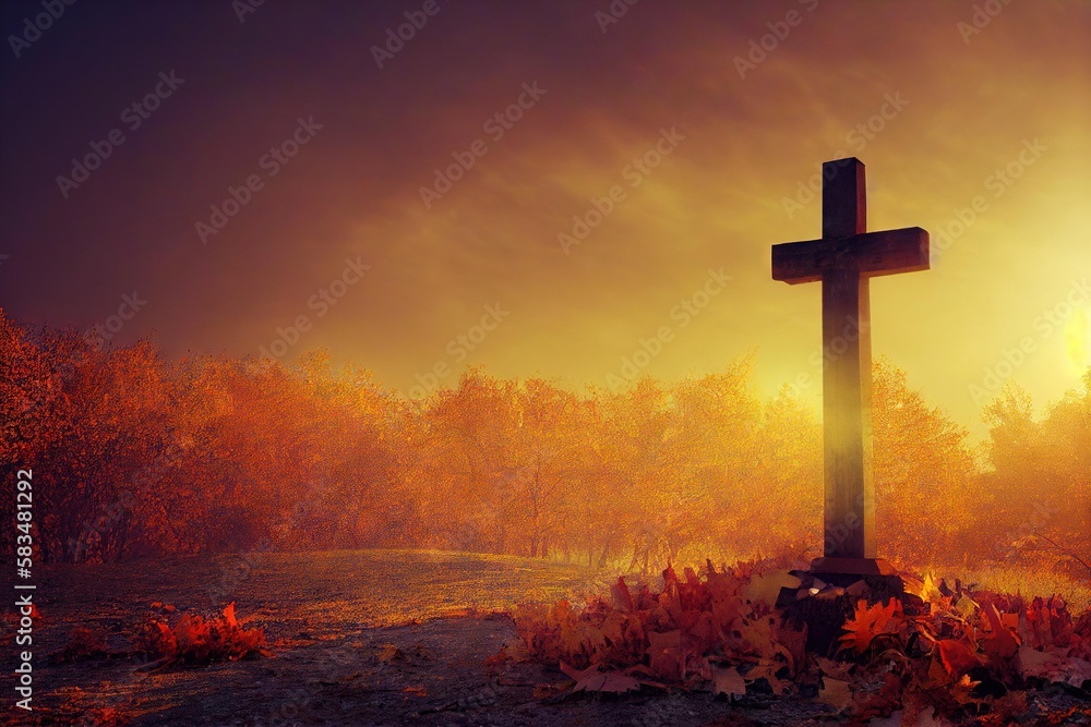 Empty tomb with Christian symbols of Jesus and cross., created with ...