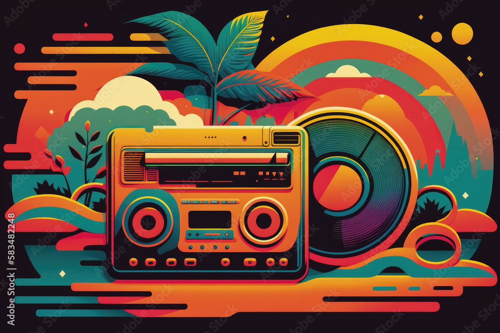 Flat retro design: Vintage music player with records and colorful ...