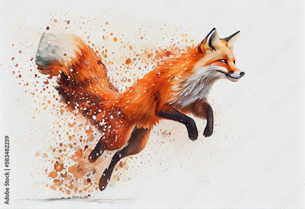 Watercolor depiction of adorable fox leaping and dashing. Generative AI ...
