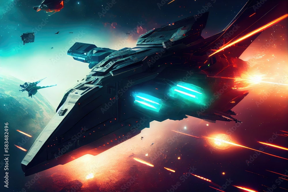 futuristic spaceship under attack from enemy forces, with lasers and ...