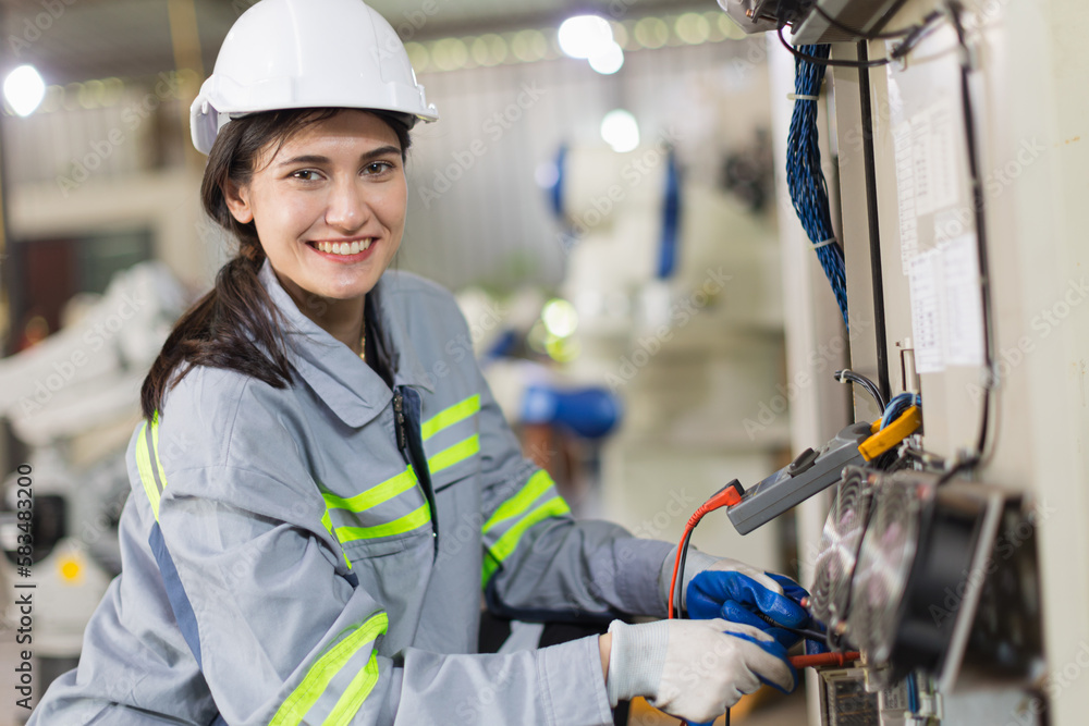 electricity engineer female working check service high voltage ...