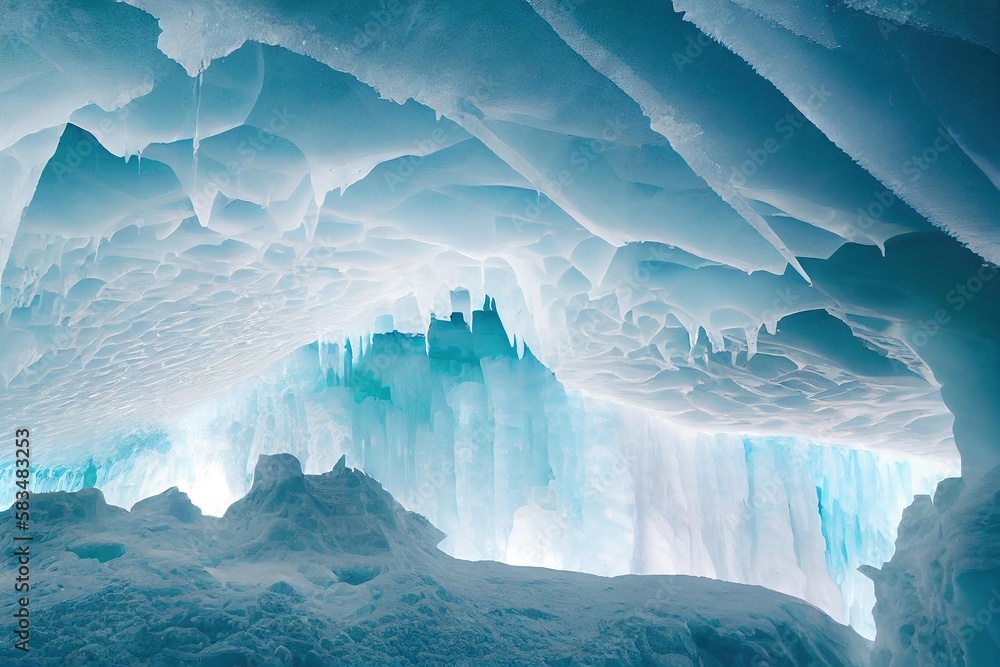 Snow ceiling with ice shining ice cave at north pole., created with ...