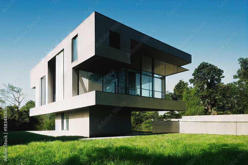Modern house exterior with square architecture and lawn in front of ...