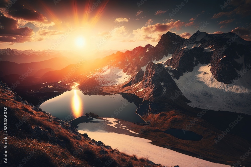 The sun rising over a mountain peak, creating a stunning reflection on ...