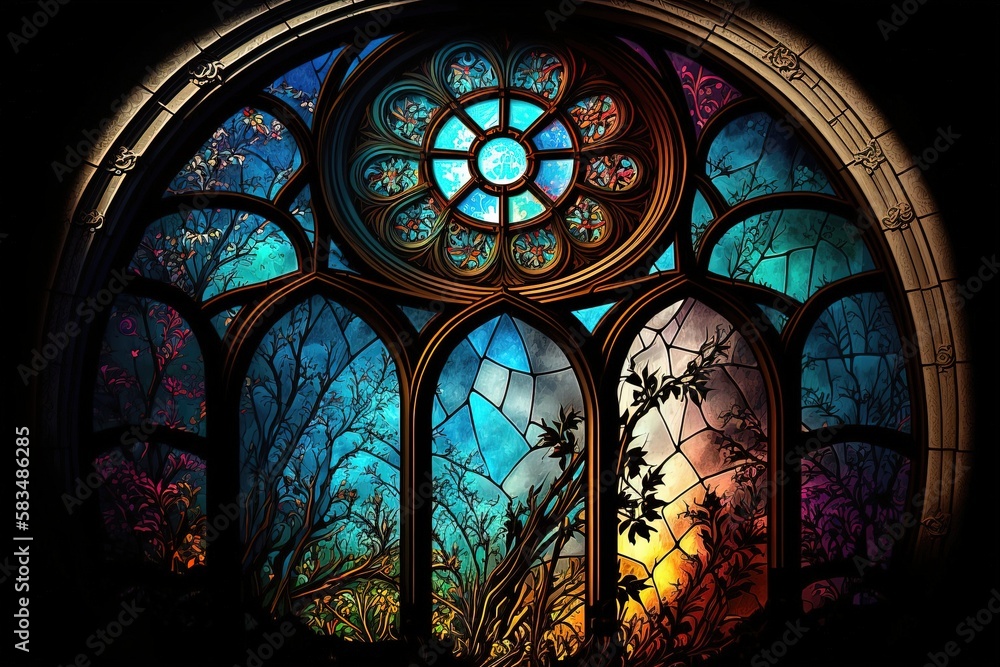 A church window with a mosaic of various religious symbols, including ...