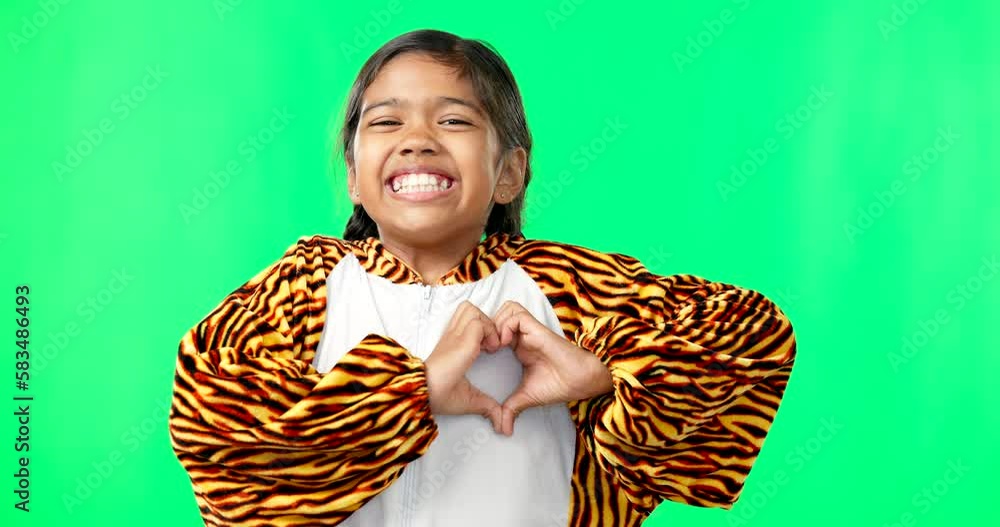 Heart, green screen and love hand sign by kid excited, smile and happy ...