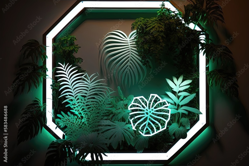 Lush tropical plants illuminated by vibrant neon lights, creating a ...