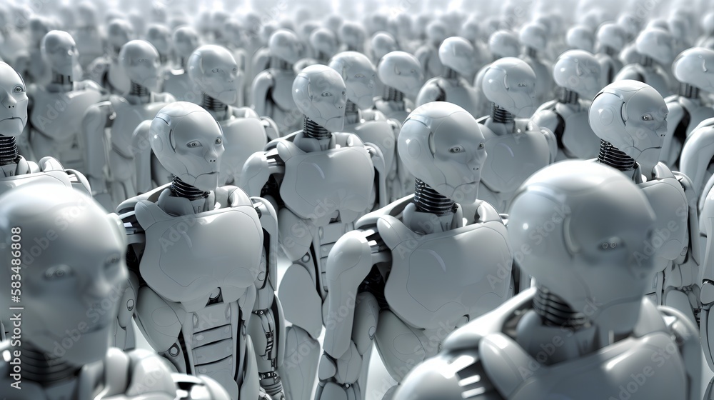 Crowd of white android robots, showcasing advanced AI, machine learning ...