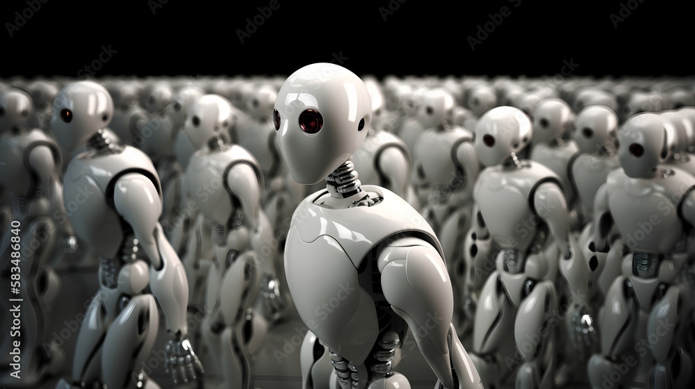 Crowd of white android robots, showcasing advanced AI, machine learning, and automation in a sci ...