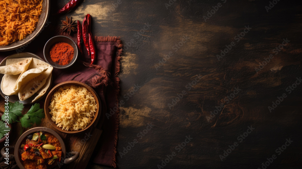 Overhead shot for Indian food restaurant menu. Indian traditional ...