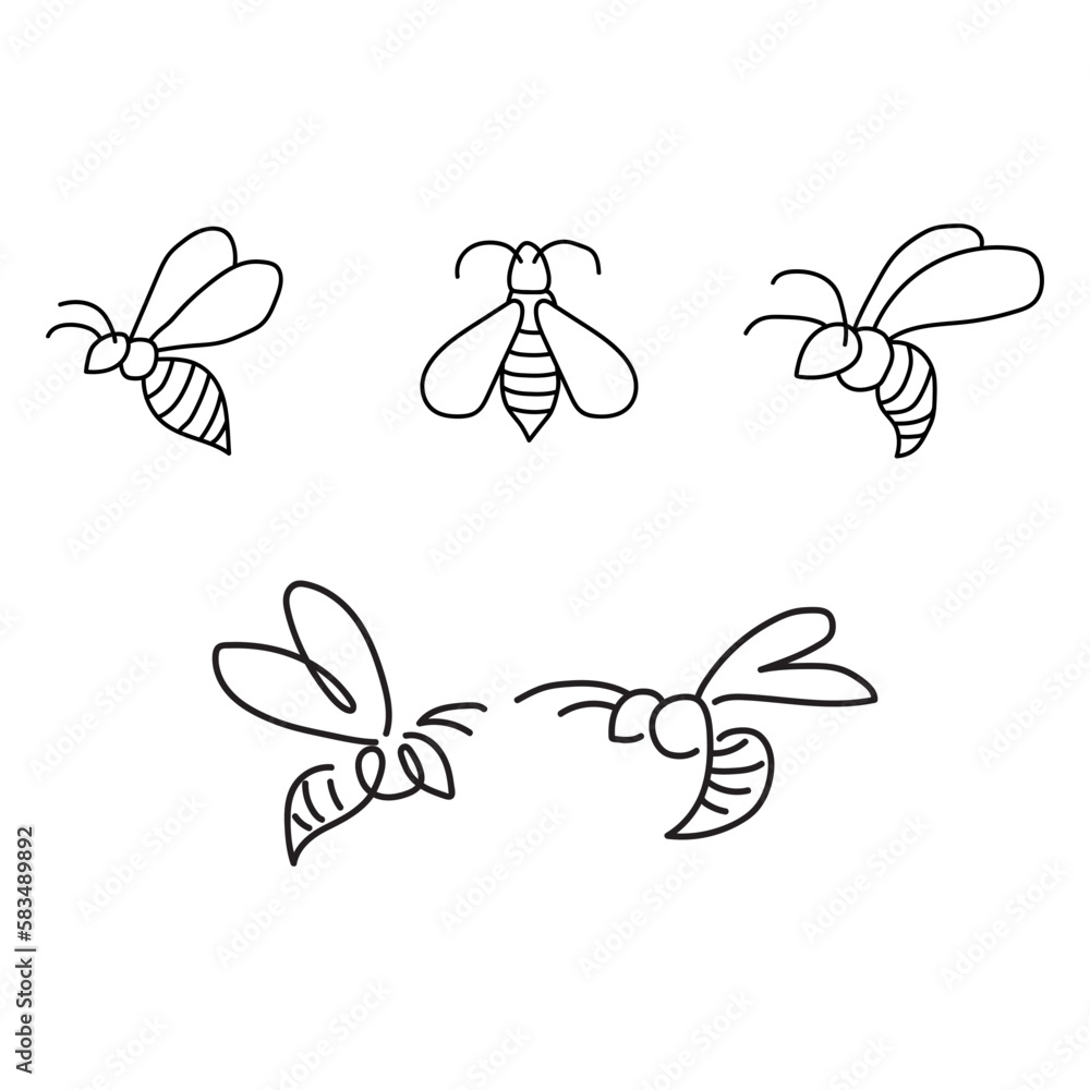 Honeybee line art clipart set. Linear collection of doodle bees. Vector ...
