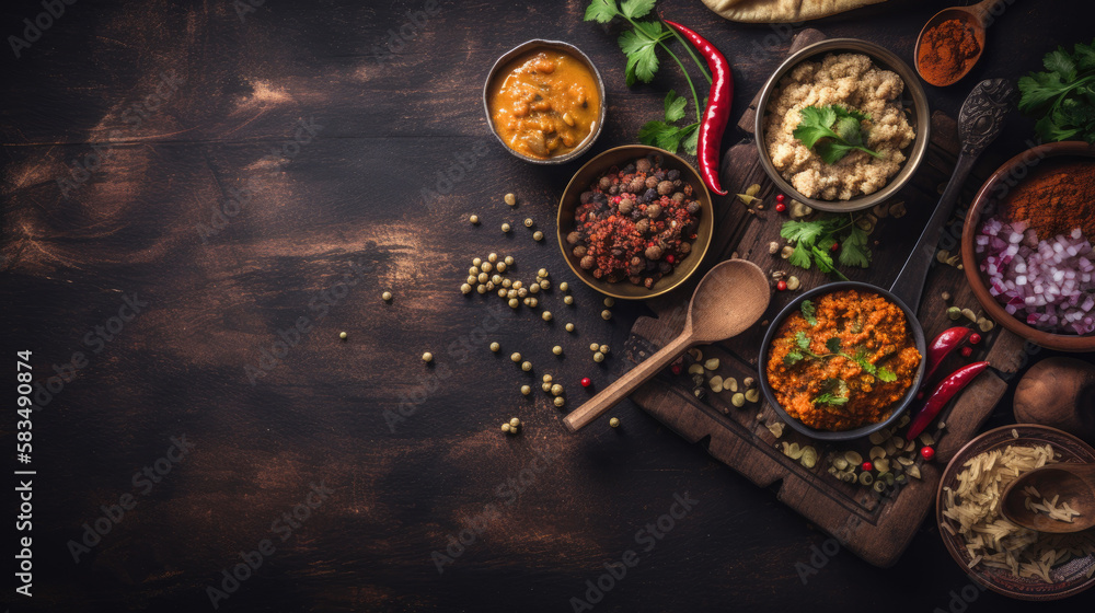 Overhead shot for Indian food restaurant menu. Indian traditional ...