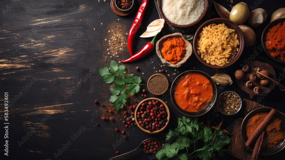 Overhead shot for Indian food restaurant menu. Indian traditional ...