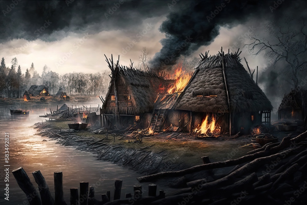 The viking attack, destruction of a mediaval village of wooden huts ...