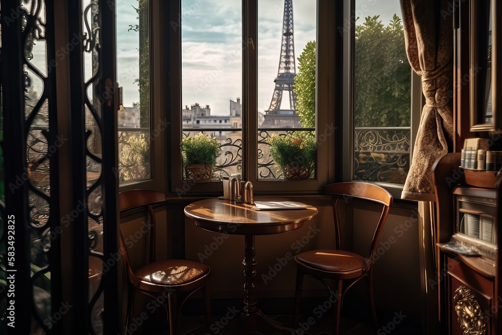 Retro Parisian cafe with a window with views to the Eiffel Tower, AI ...