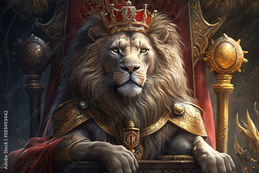 A majestic, regal lion sits on a throne. the ruler - the royal lion ...