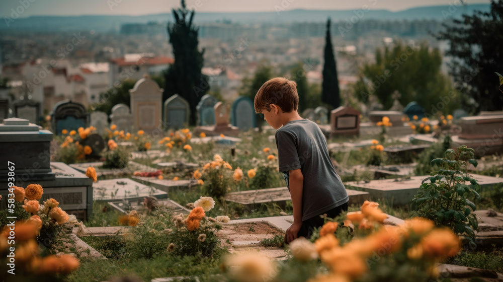 child visiting the grave of his parents in the cemetery in a country at ...