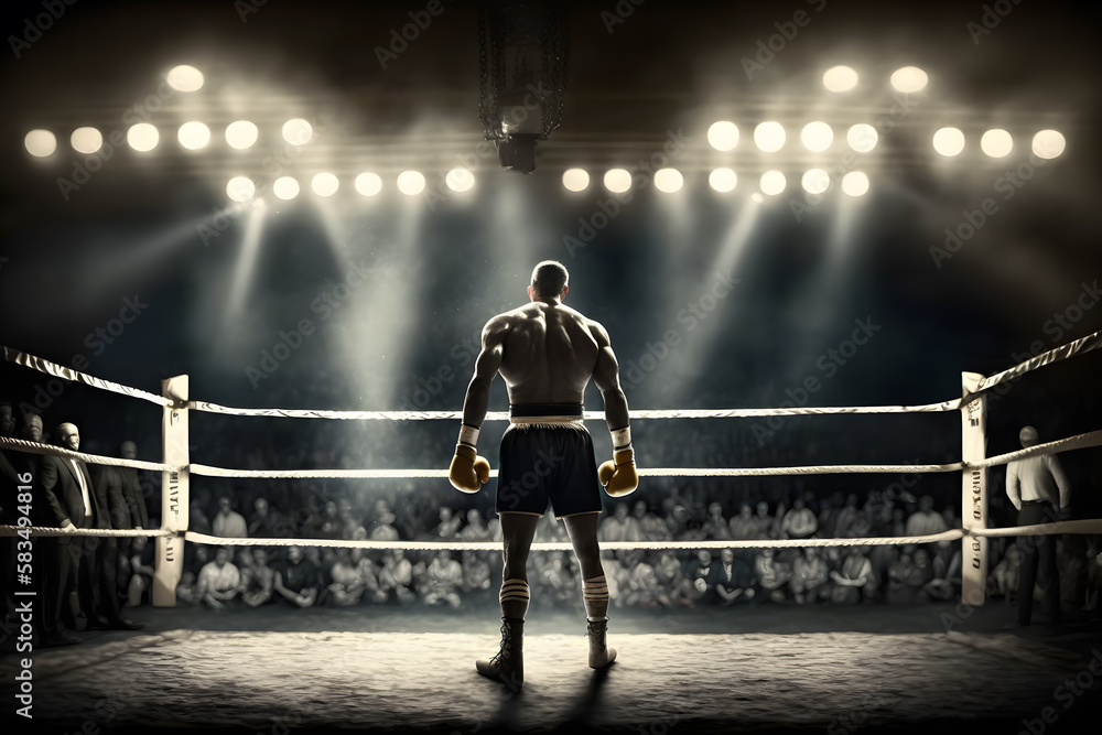 Professional boxer fighting on the grand arena panorama view. Neural ...