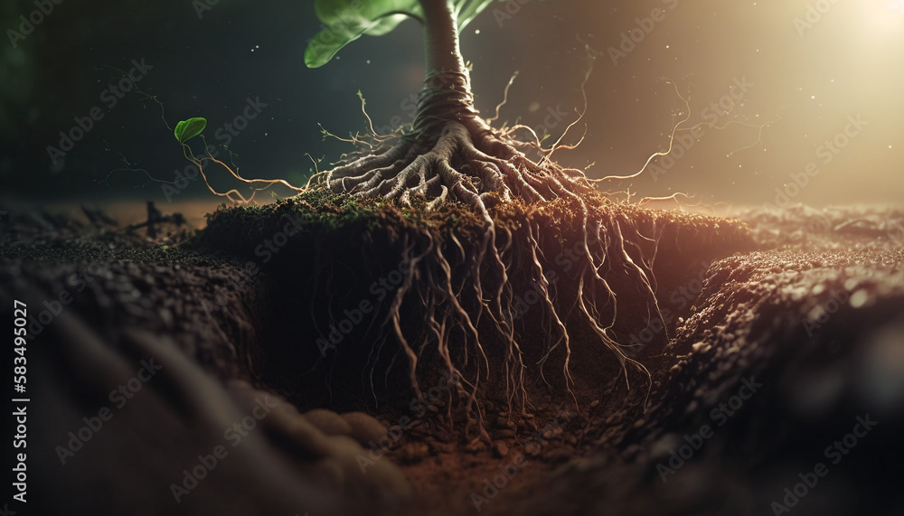 Roots of plant growing underground close up layers of soil. Generative ...