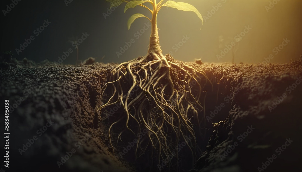 Roots of plant growing underground close up layers of soil. Generative ...