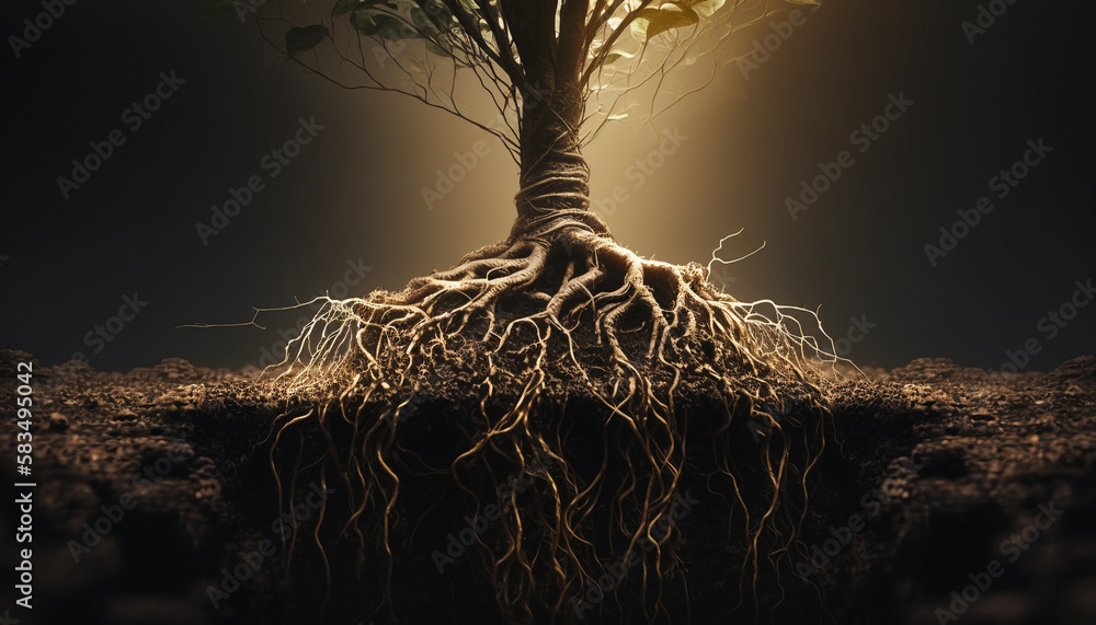 Roots of plant growing underground close up layers of soil. Generative ...