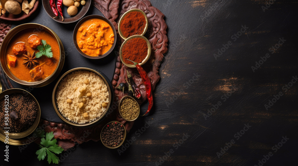Overhead shot for Indian food restaurant menu. Indian traditional ...