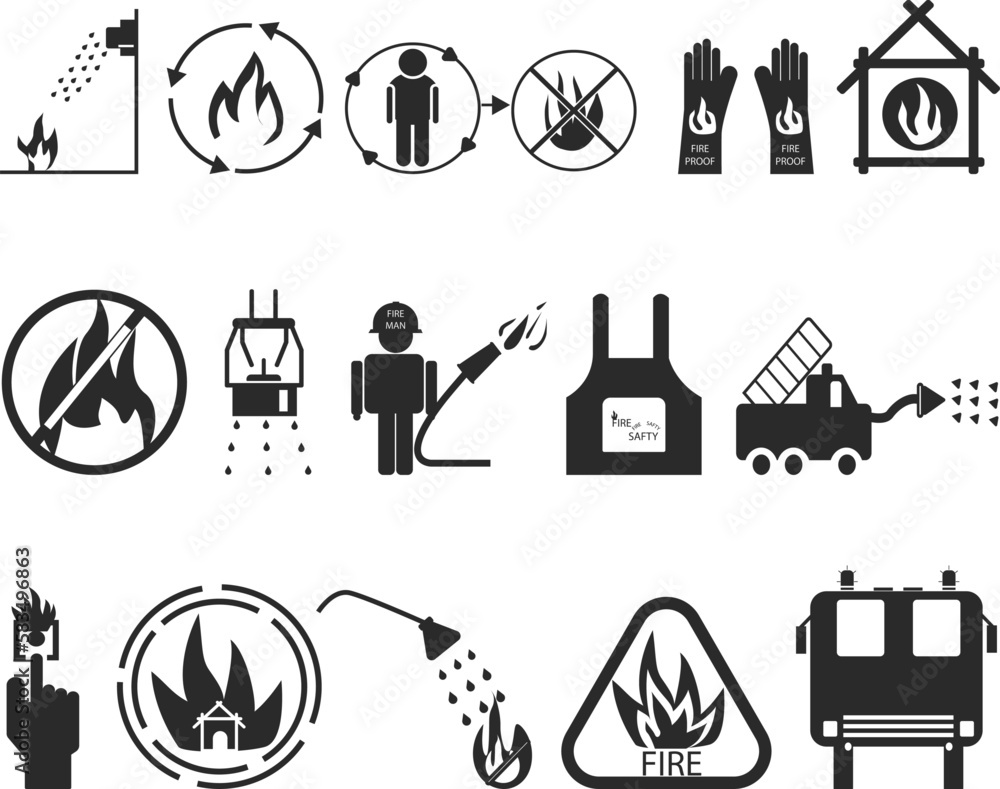 Fire safety icon set, 15 fire department icon set black vector Stock ...