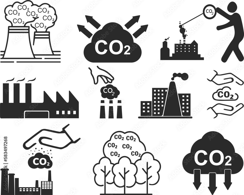 CO2 gas icon set, 10 carbon emissions reduction icon set black vector ...