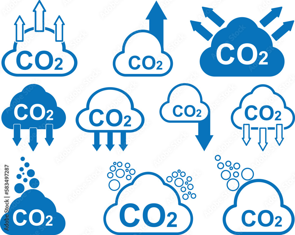 CO2 gas icon set, 10 carbon emissions reduction icon set black vector ...