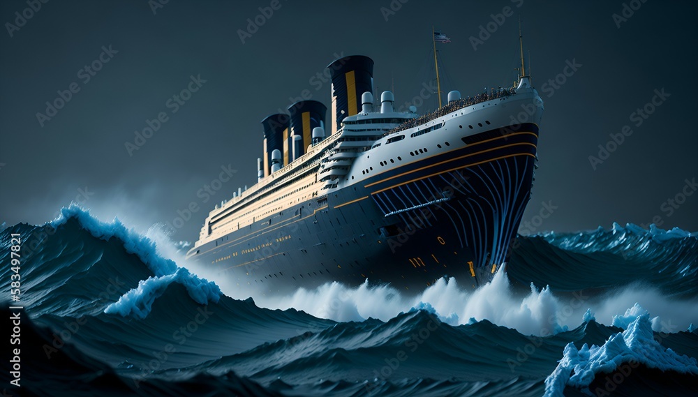 Titanic ship in Atlantic Ocean 3D rendered illustration of historic ...