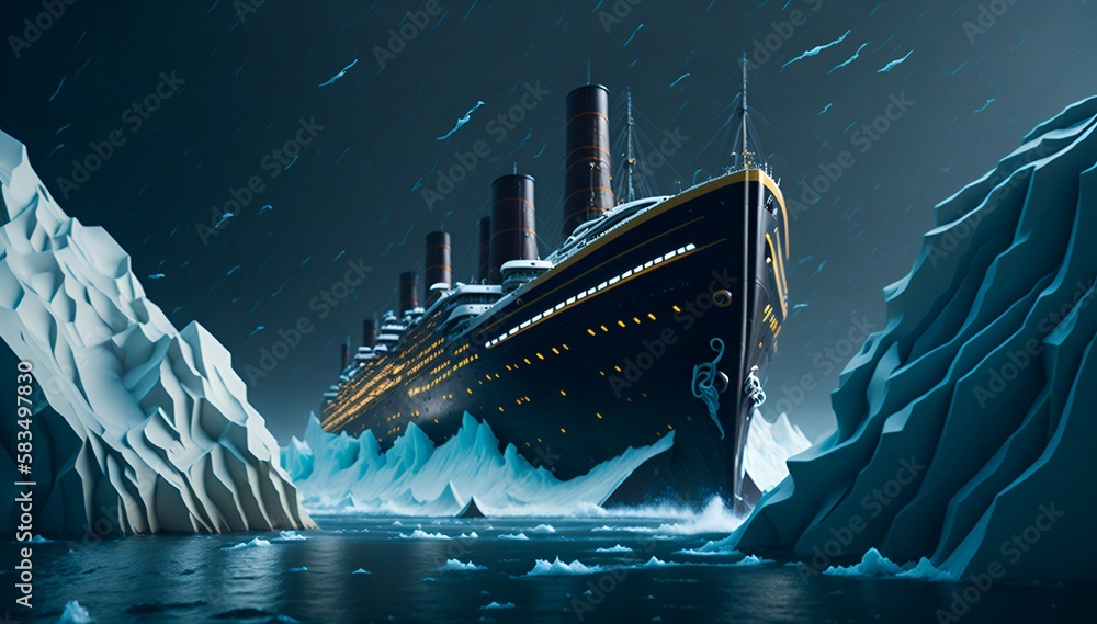 Titanic ship before crashing into giant iceberg in Atlantic Ocean 3D ...