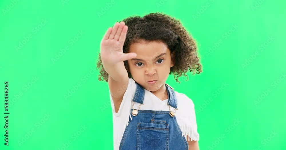Angry child, stop and hand on green screen background with emoji and ...