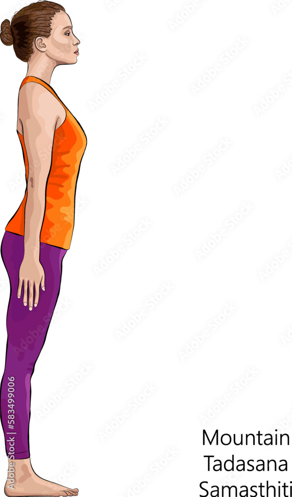 Side view of young woman practicing yoga exercise, doing Mountain pose ...