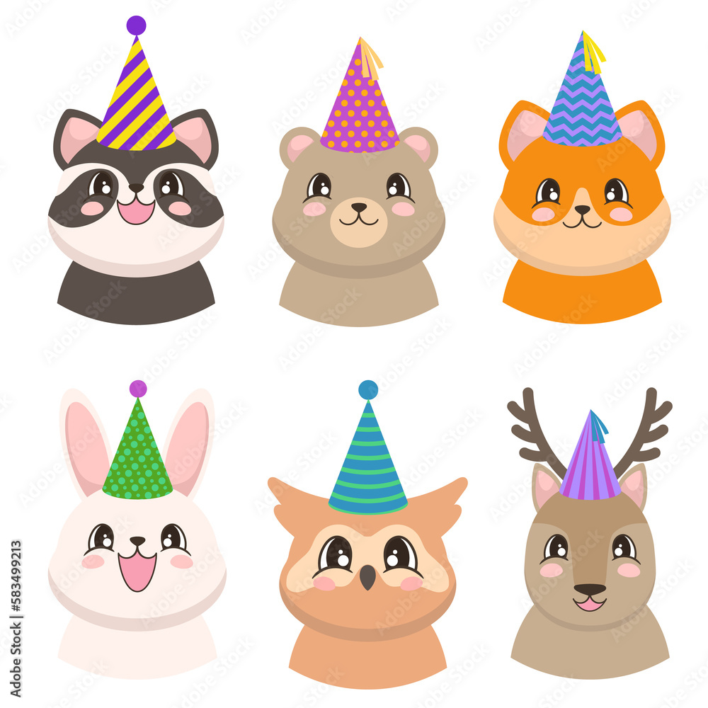 Portraits of cute animals with party hat in cartoon style. Rabbit, deer ...