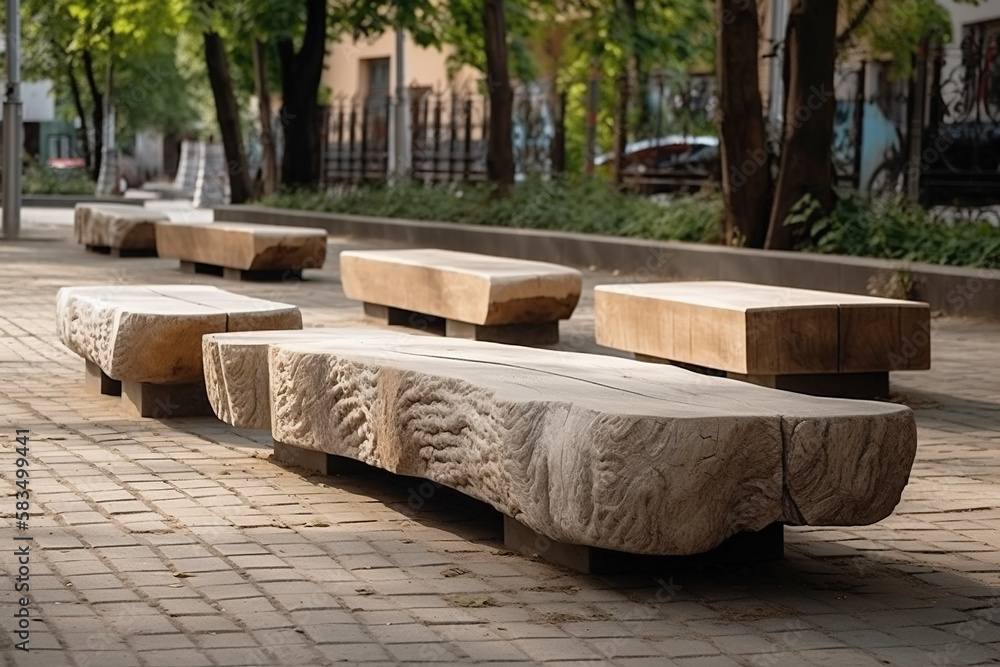 Stone concrete minimalist benches with wooden logs, outdoor seating in ...