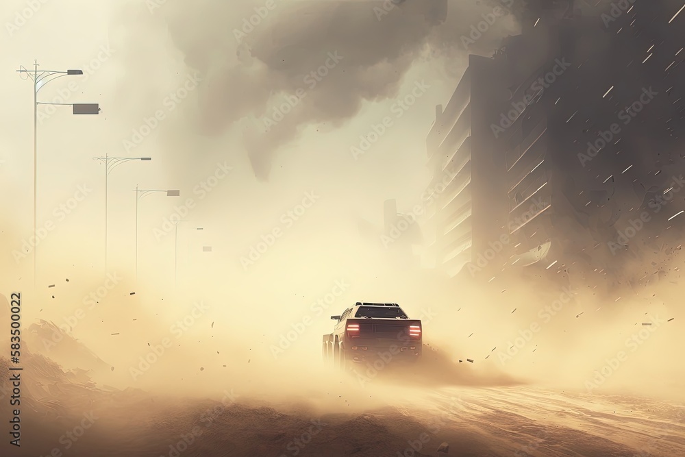 A car driving on a dirt road, with a large cloud of dust trailing ...