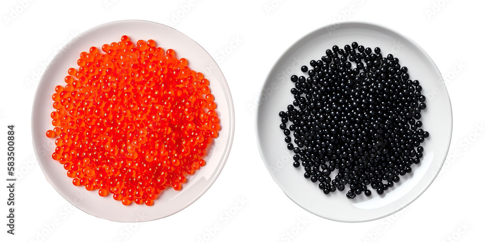 Set of plates with seafood, red caviar and black caviar isolated on ...