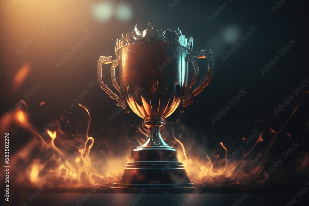 Golden champion trophy cup winner on blur bokeh dark lights background ...