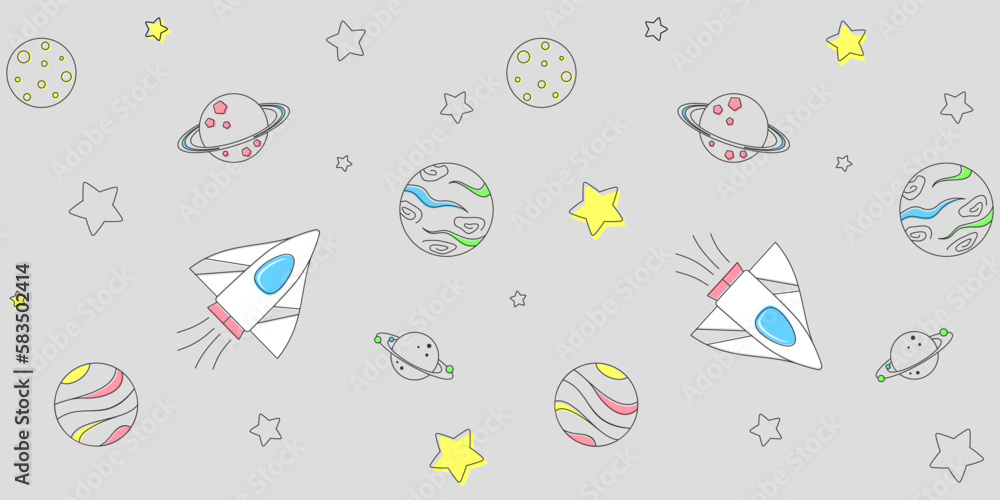 Black outline planets, spaceship and stars with colored elements on a ...