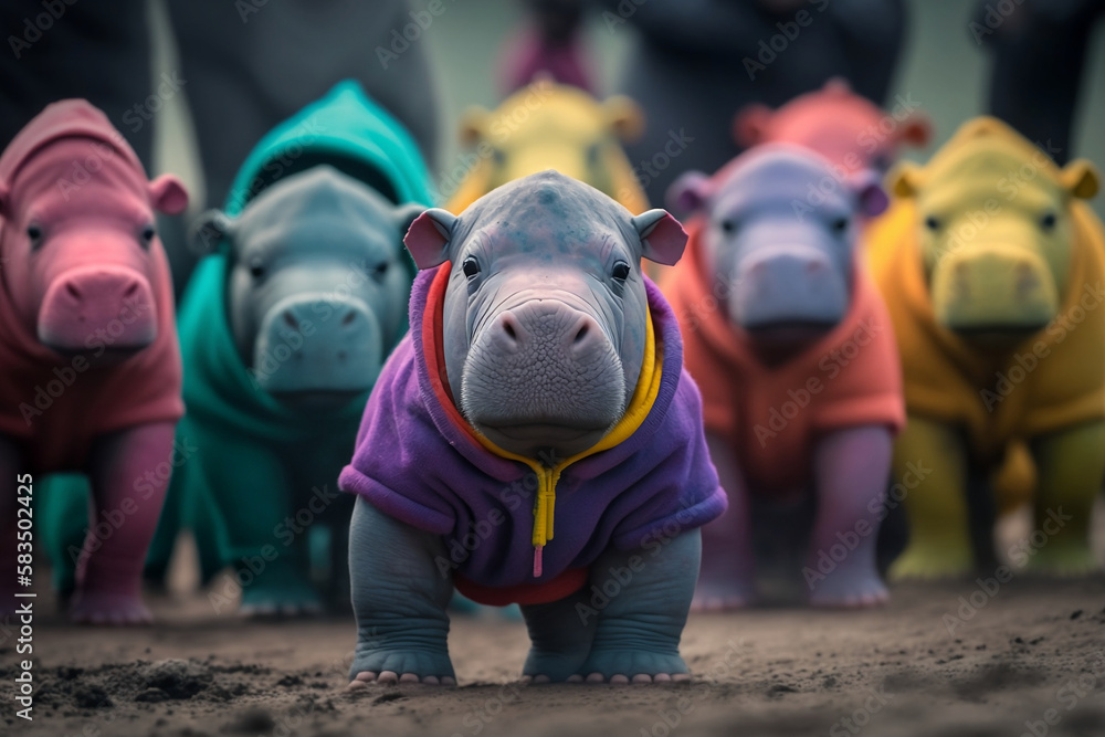Baby hippos wearing plain color hoodies with vivid color bomb explosion ...